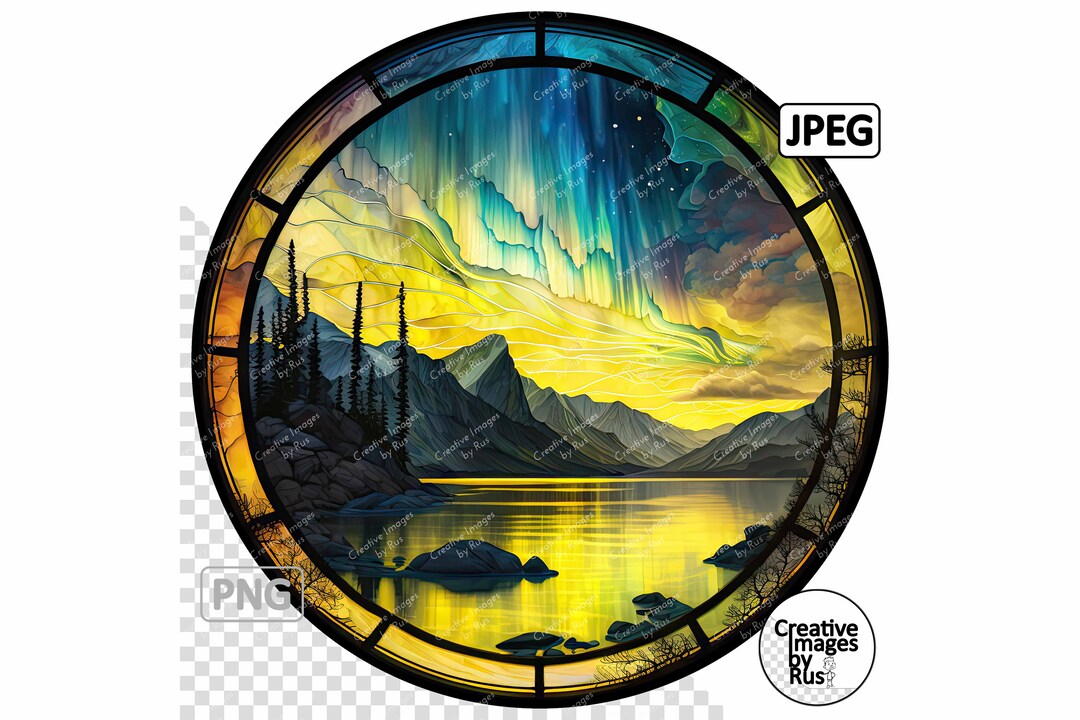 Aurora Borealis Yellow Stained Glass Clipart, Round Image, Instant ...