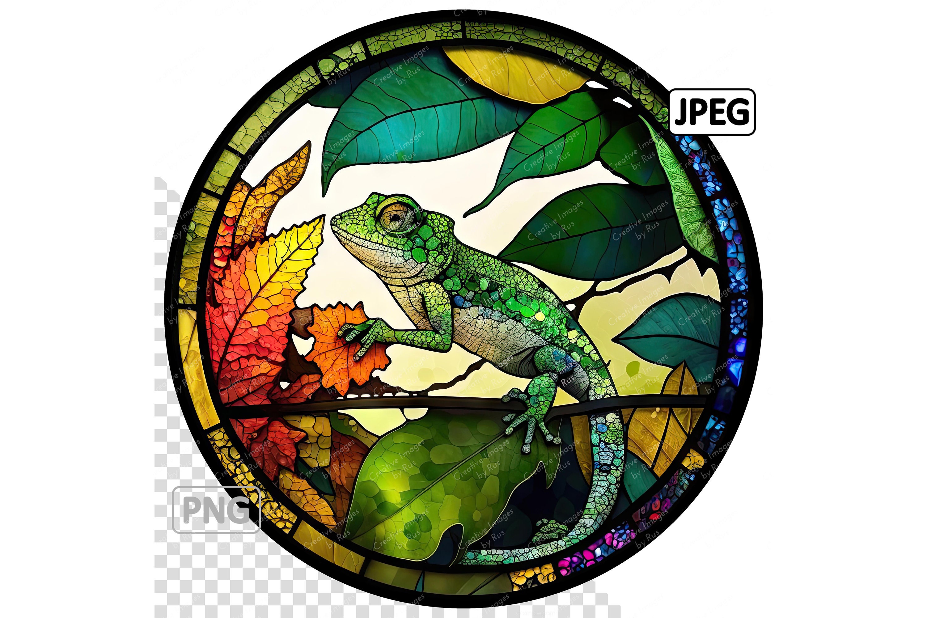 Chameleon Lizard Stained Glass Clipart Round Image Instant - Etsy