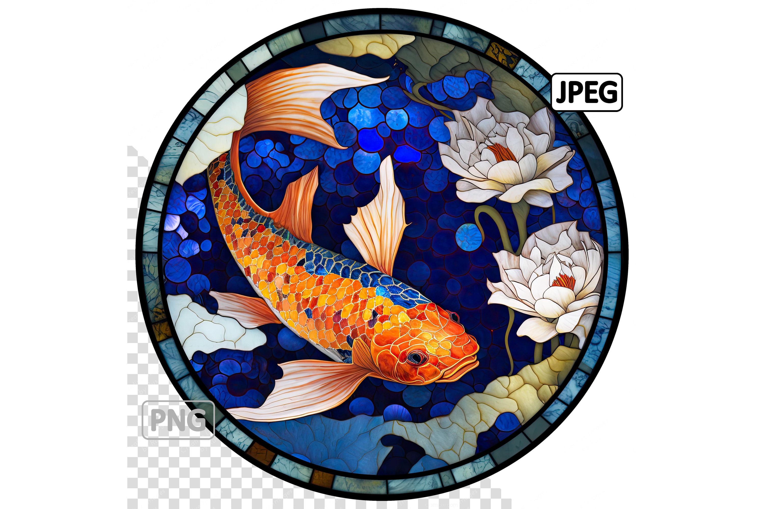 Koi Carp Fish Stained Glass Clipart Round Image Instant - Etsy