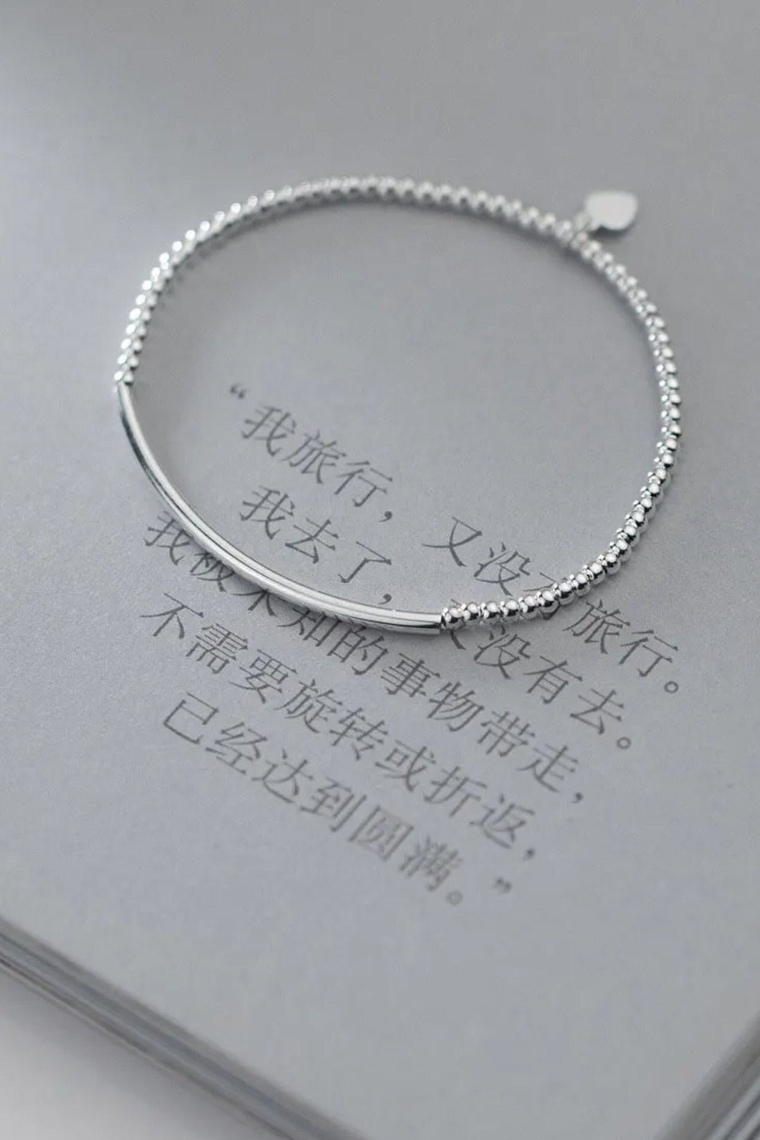 925 Sterling Silver Heart Beads Bracelet, Elastic Rope Round Bead ...