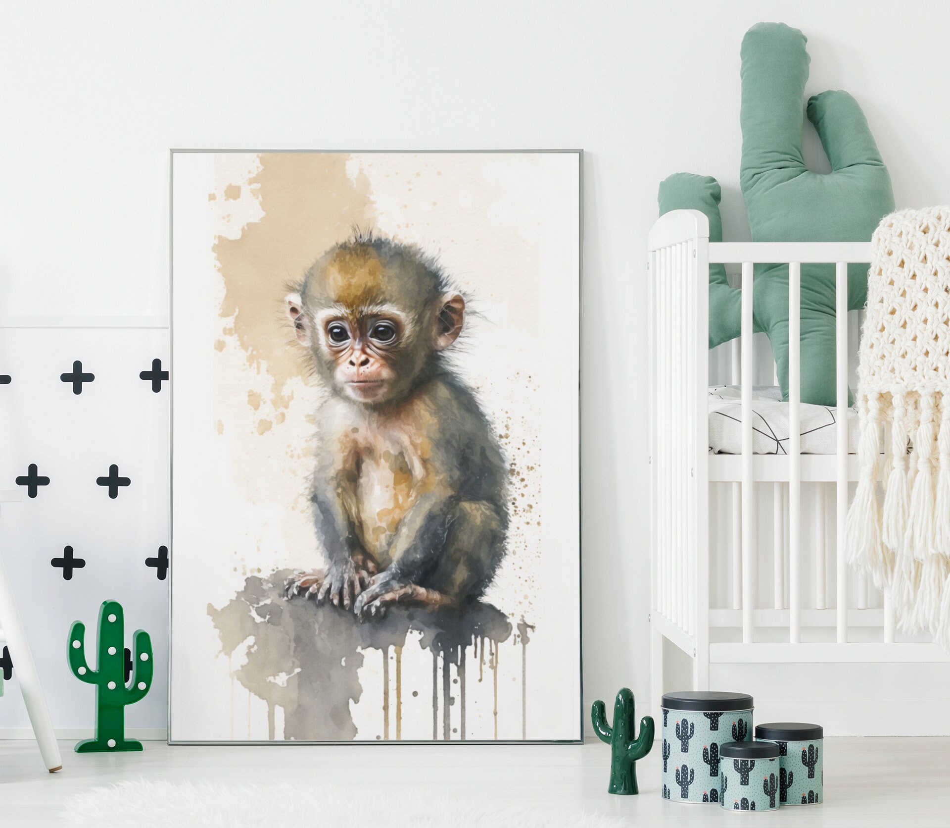 Zoo Animal Nursery Prints, Baby Monkey, Watercolor, Nursery Wall Art ...
