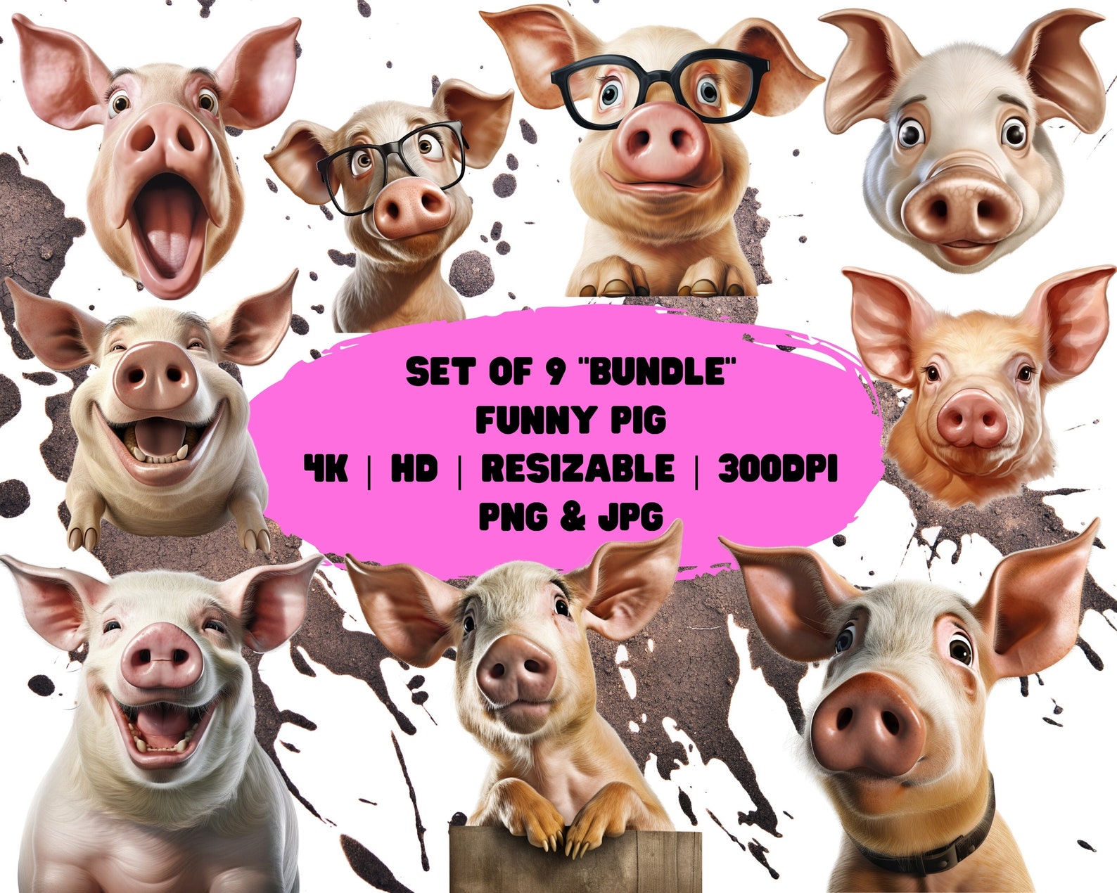 Funny Pig Faces Bundle - 9 Hilarious Pig Expressions - Funny Pig ...