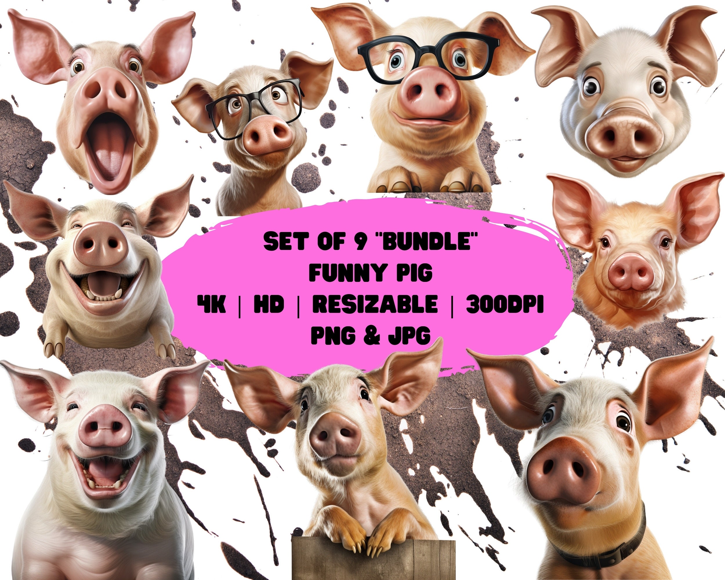 Funny Pig Faces Bundle - 9 Hilarious Pig Expressions - Funny Pig ...