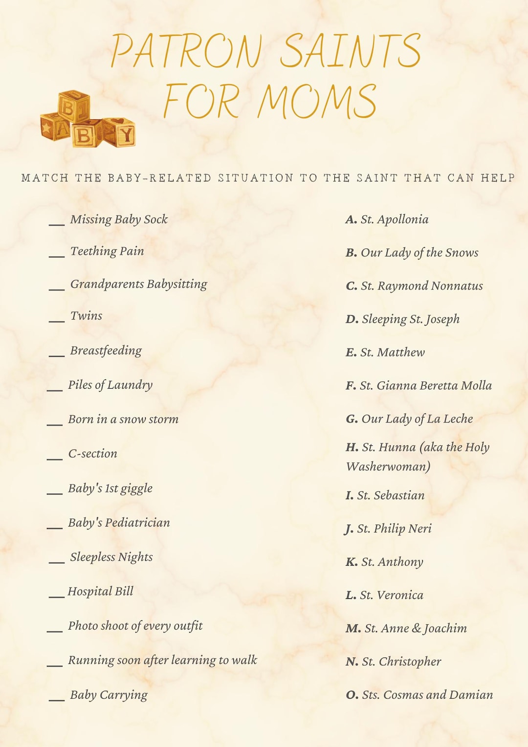 Catholic Baby Shower Game: Patron Saints Matching (printable, Instant ...