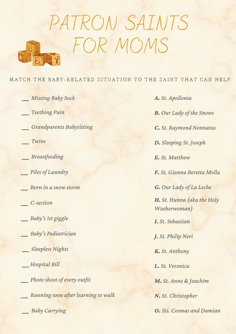 Catholic Baby Shower Game: Patron Saints Matching (printable, Instant ...