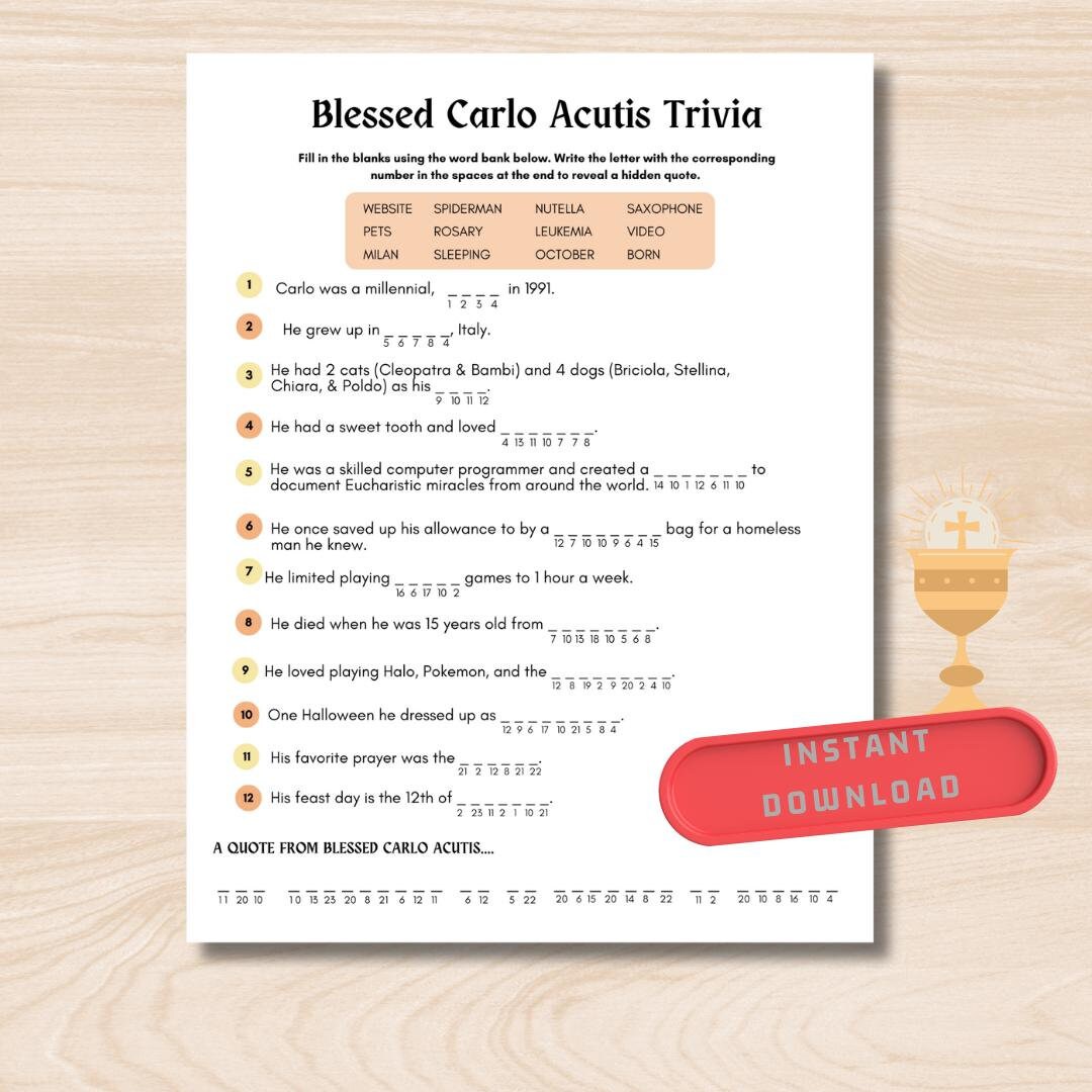 Carlo Acutis Trivia Worksheet, Youth Group Learning Game, Catholic ...