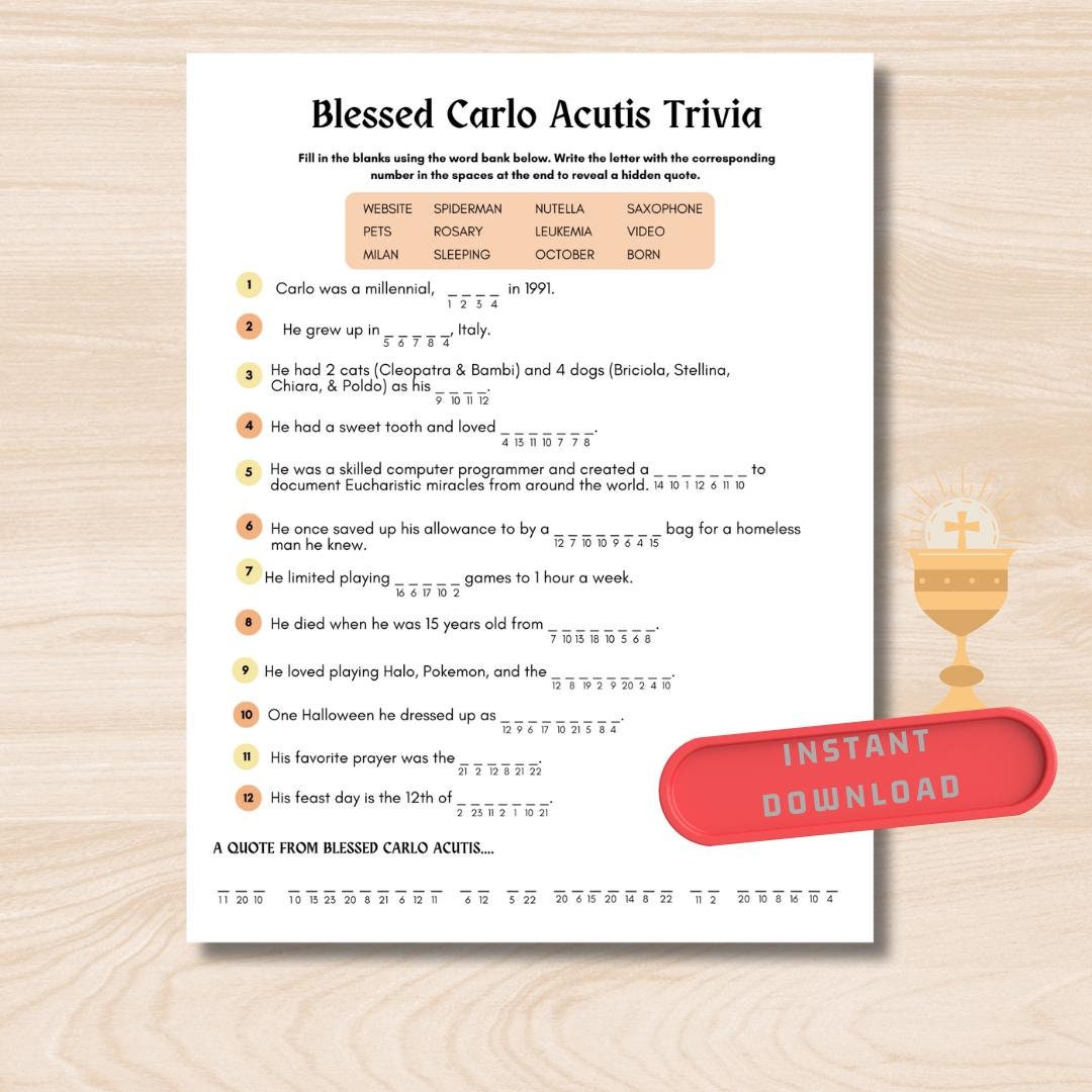 Carlo Acutis Trivia Worksheet, Youth Group Learning Game, Catholic ...