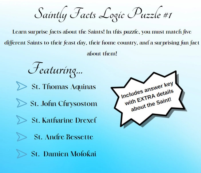 Catholic Saints Logic Puzzle: Fun Facts Trivia Game (instant Download ...