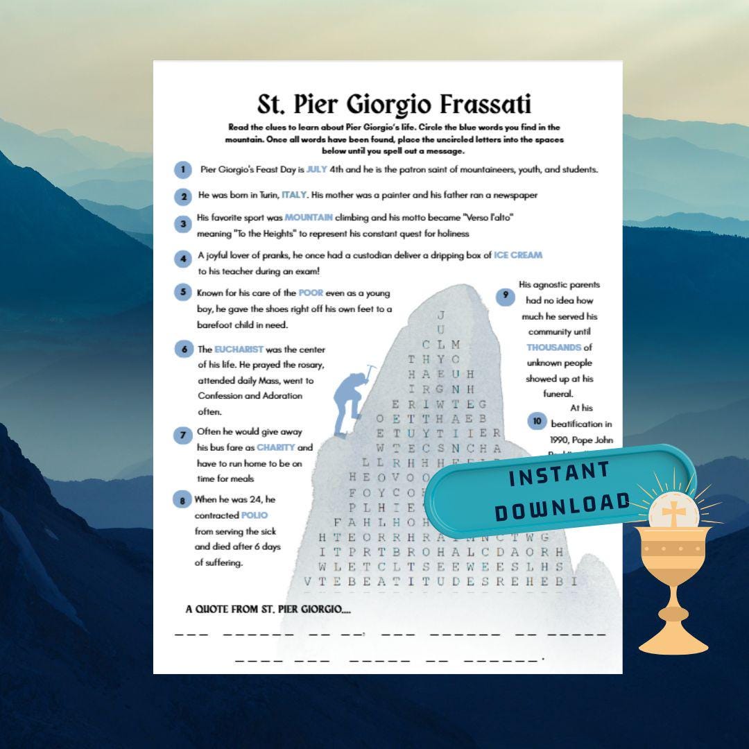 Pier Giorgio Trivia Secret Message Word Find, Youth Group Learning Game ...