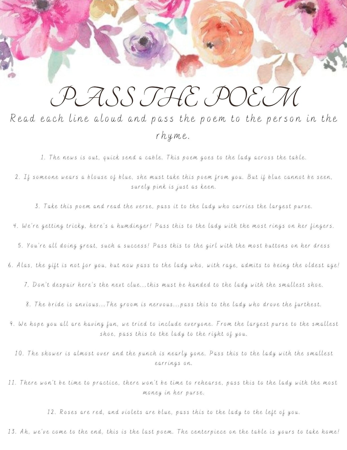 Pass the Poem, Bridal Shower Game, Printable Bridal Shower Games, Pink ...
