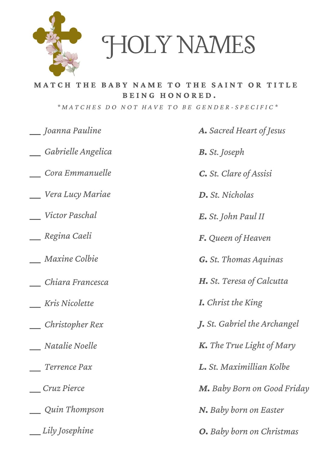 Holy Names Matching, Baby Name Game, Baby Shower Game, Catholic Saints ...