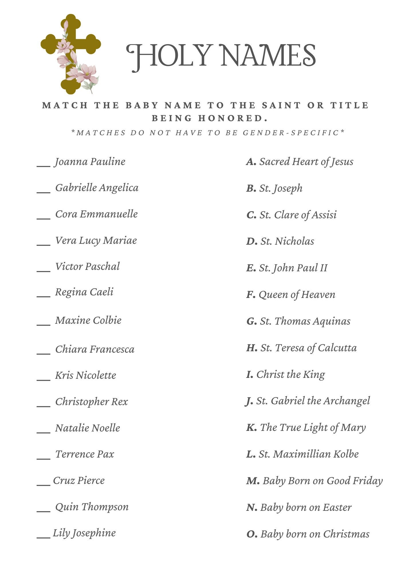 Holy Names Matching, Baby Name Game, Baby Shower Game, Catholic Saints ...