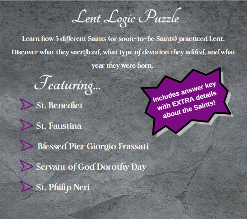 Lent Saints Logic Puzzle: Catholic Game (instant Download) - Etsy
