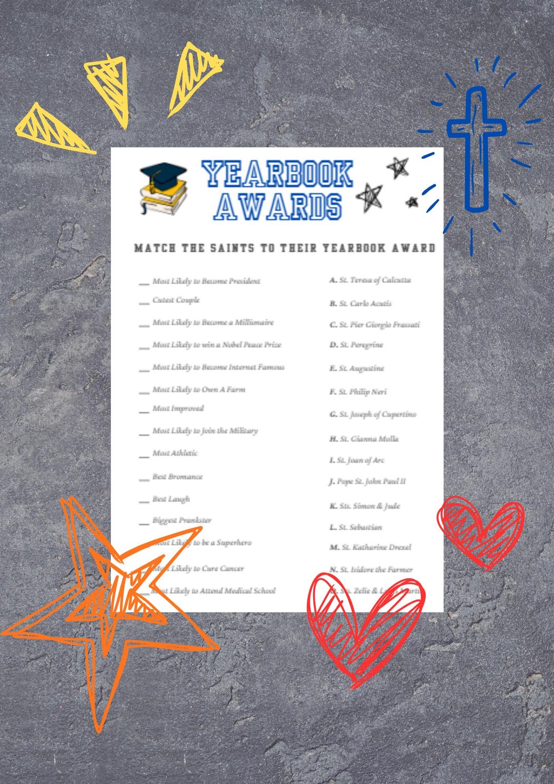 Saint Yearbook Awards Matching Game, Youth Group Learning Game ...
