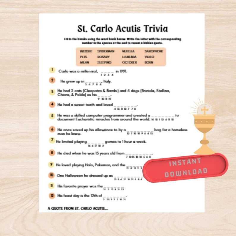 Carlo Acutis Trivia Worksheet, Youth Group Learning Game, Catholic ...