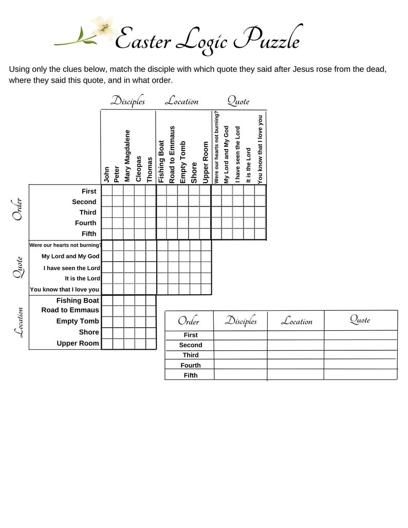 Easter Logic Puzzle, Printable Logic Puzzle Games, Christian Disciples ...