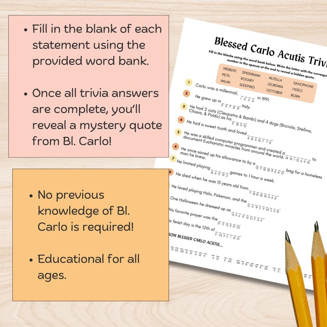 Carlo Acutis Trivia Worksheet, Youth Group Learning Game, Catholic ...