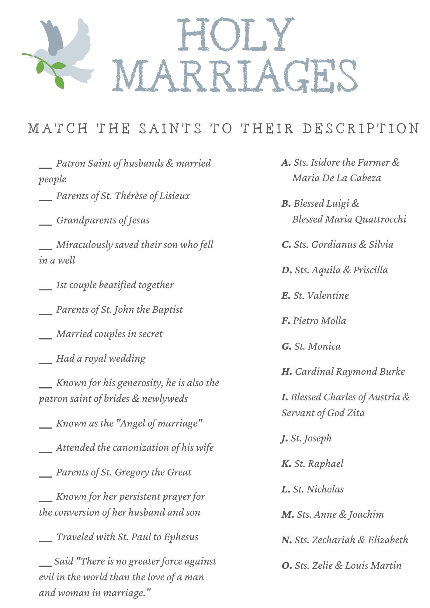 Catholic Bridal Shower Game: Holy Marriages Saints Matching (printable ...