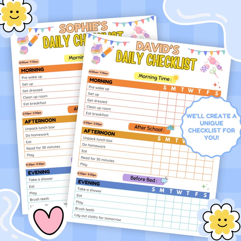 Personalized Kids Daily School Checklist Schedule Printable for Kids ...