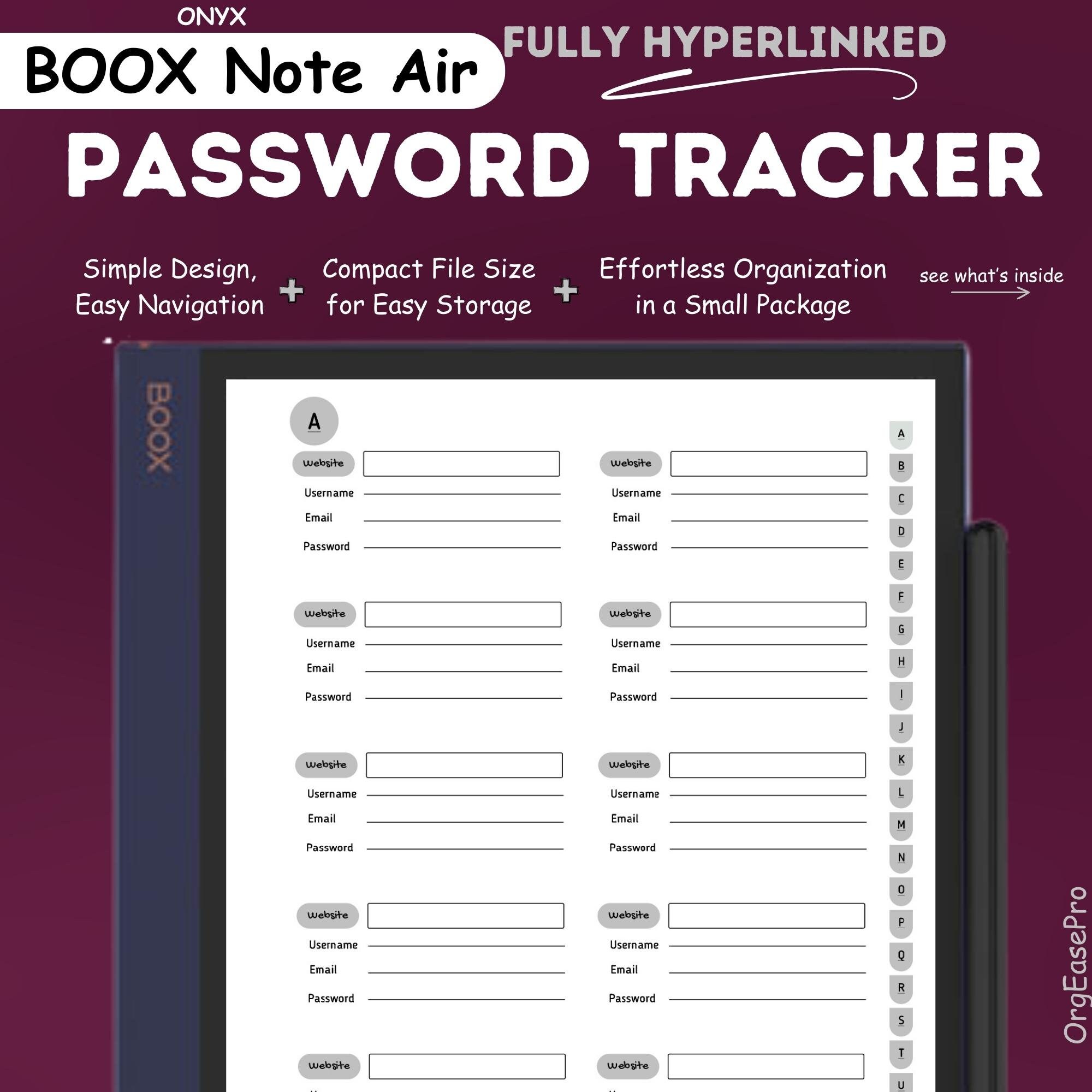 Password Tracker for BOOX Note Air Password Log for Boox Note Air ...