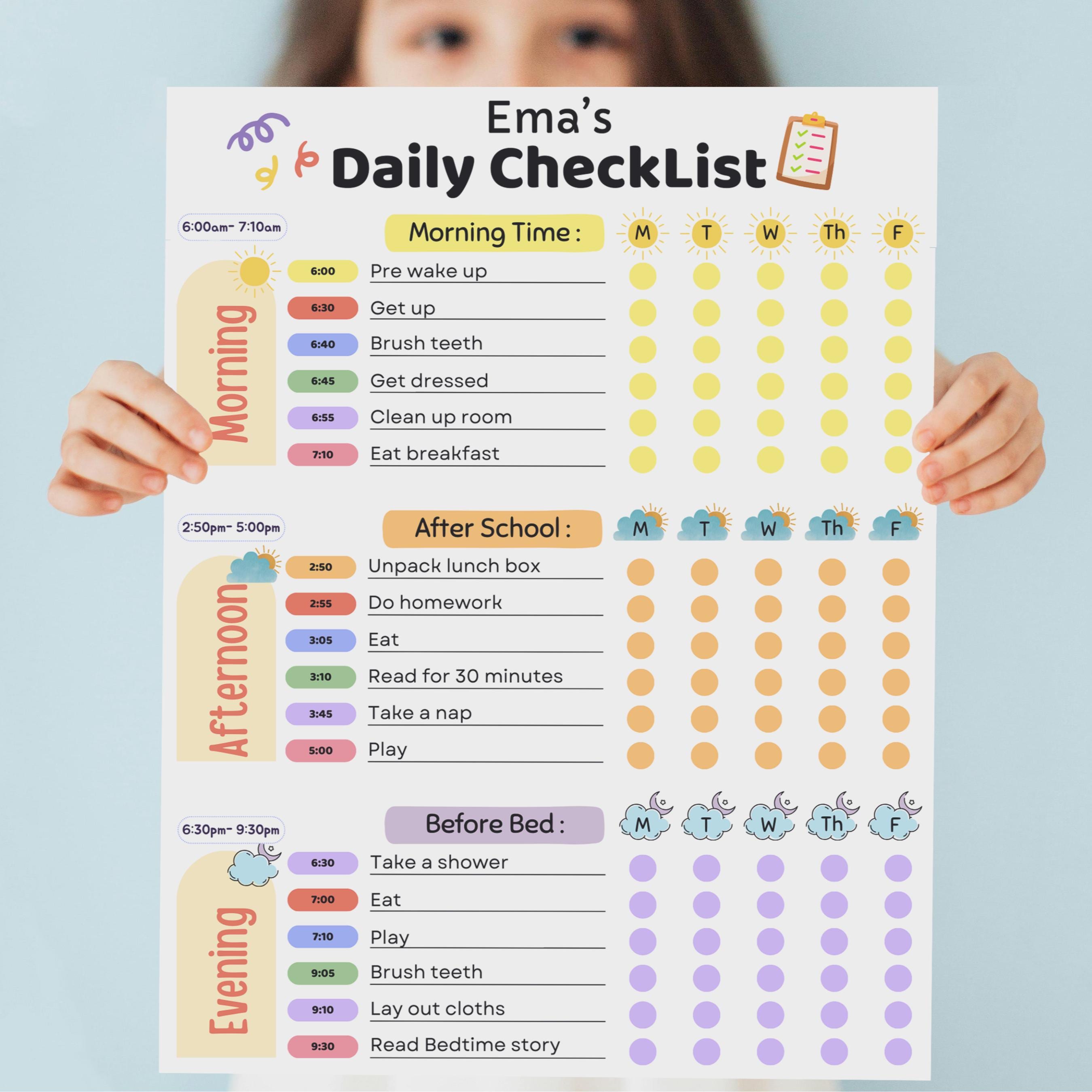 Personalized Kids Daily School Checklist,kids Daily Schedule Editable ...
