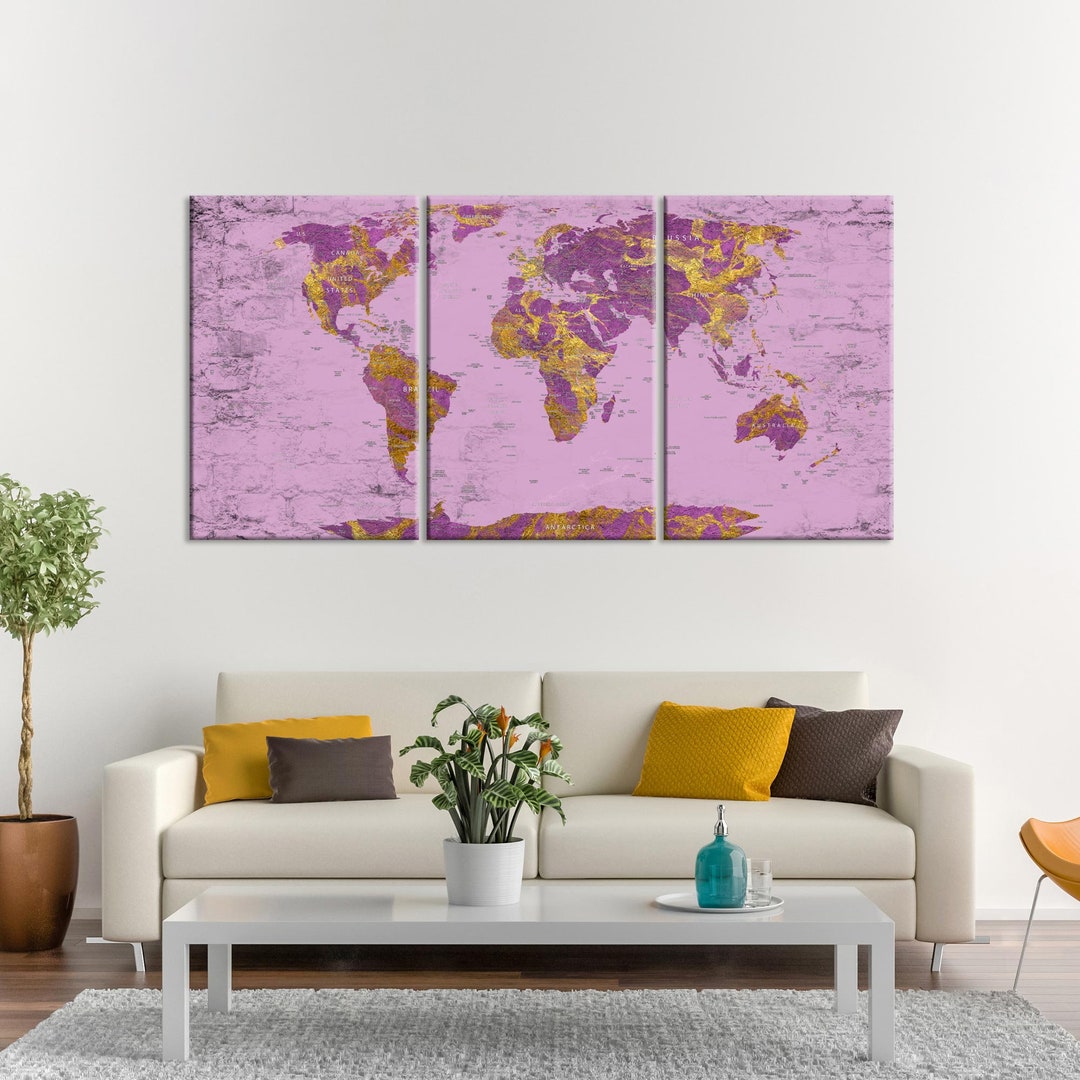 Large Canvas World Map in Pink and Gold Canvas Wall Art World Map Push Pin Travel Map Large ...
