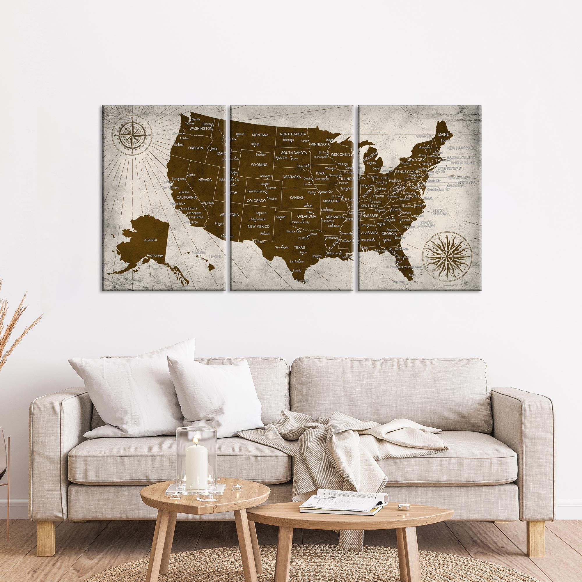 Large US Canvas Map, Push Pin Travel Map , Earth Color US Map With ...