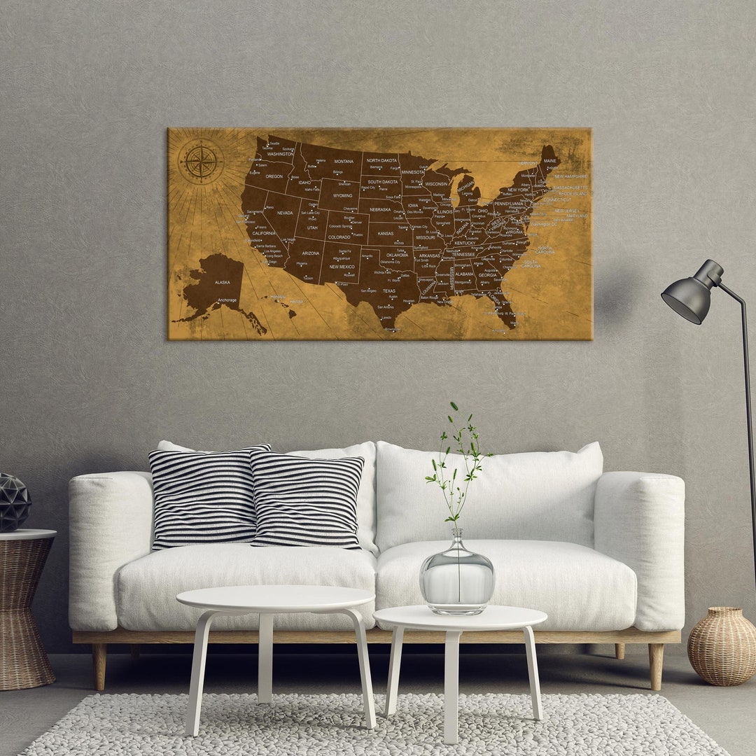 US Map Large Canvas Wall Art, Earth Color Push Pin Travel Map , US Map ...