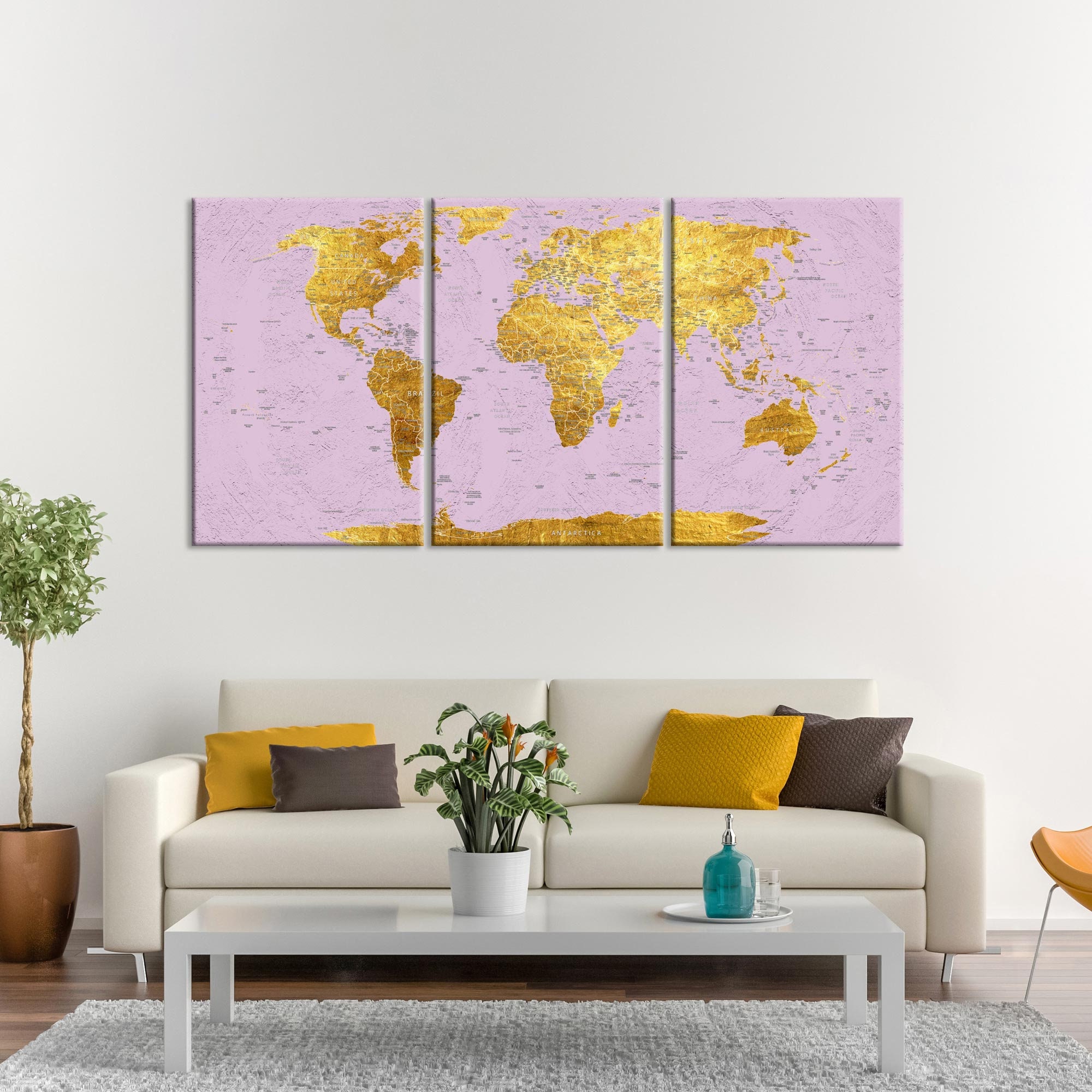 Large Canvas World Map in Pink With Gold Details Canvas Wall Art World ...