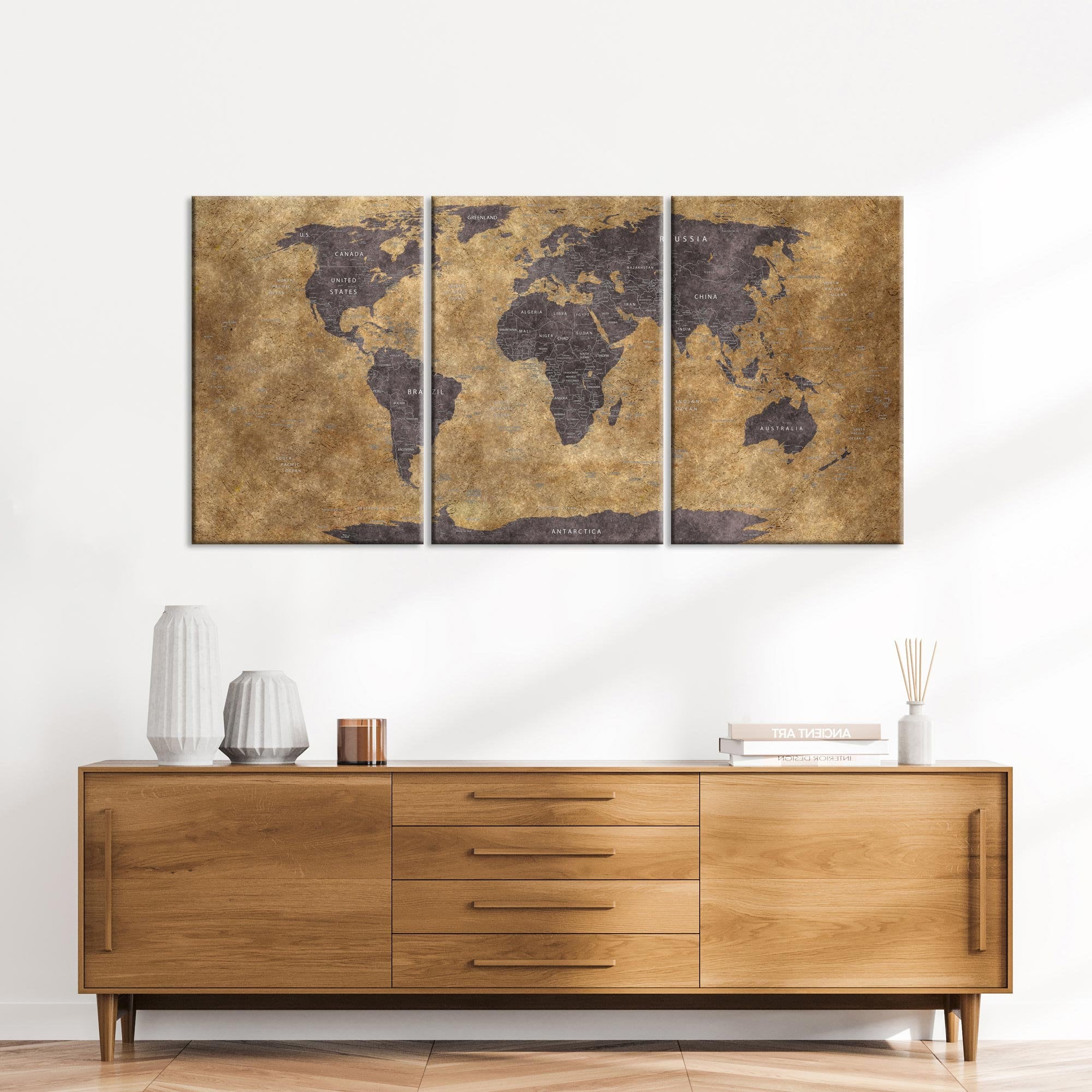 Large Canvas World Map in Earth Tones Canvas Wall Art World Map Push ...