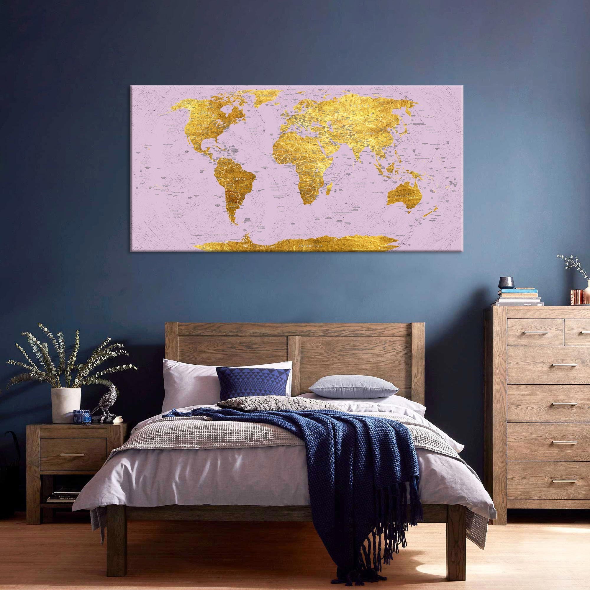 Large Canvas World Map in Pink With Gold Details Canvas Wall - Etsy