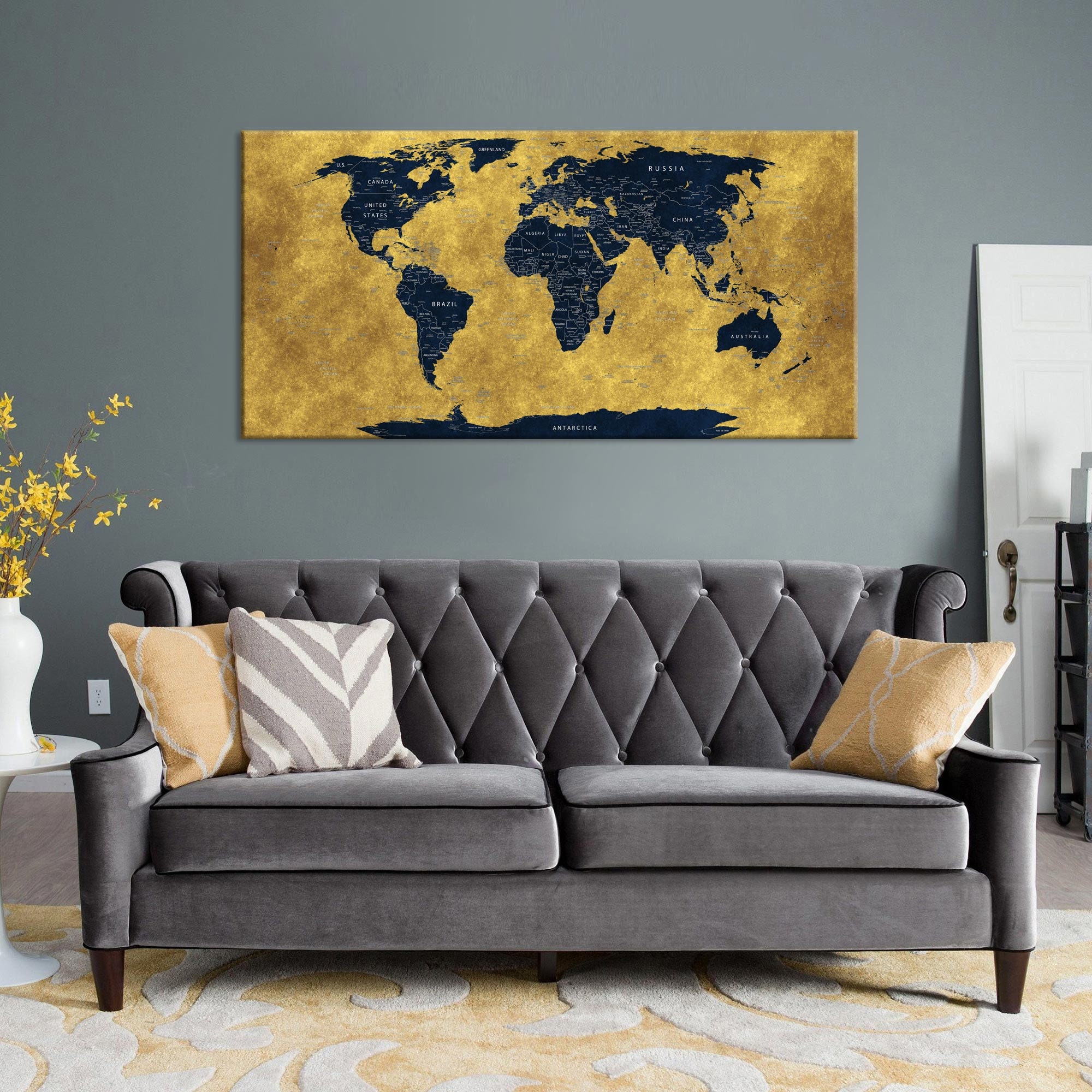 Large Canvas World Map in Yellow and Navy Blue Canvas Wall Art World ...