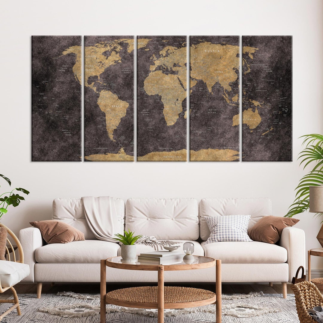 Large Canvas World Map in Brown and Earth Tones Canvas Wall Art World ...