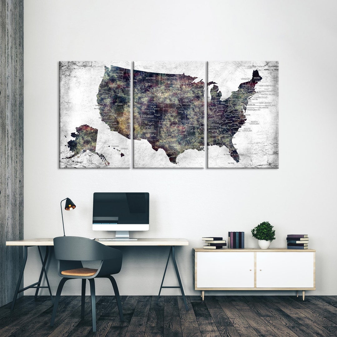 Large US Map on Canvas, Dark Themed Canvas Travel Map, US Map With ...