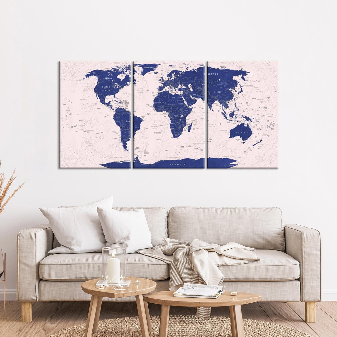 Large Canvas World Map in Pink and Purple Canvas Wall Art World Map ...