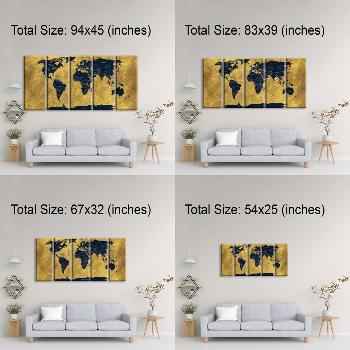 Large Canvas World Map in Yellow and Navy Blue Canvas Wall Art World ...
