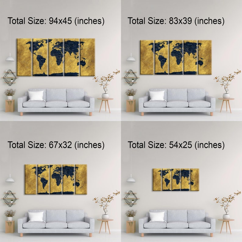 Large Canvas World Map in Yellow and Navy Blue Canvas Wall Art World ...