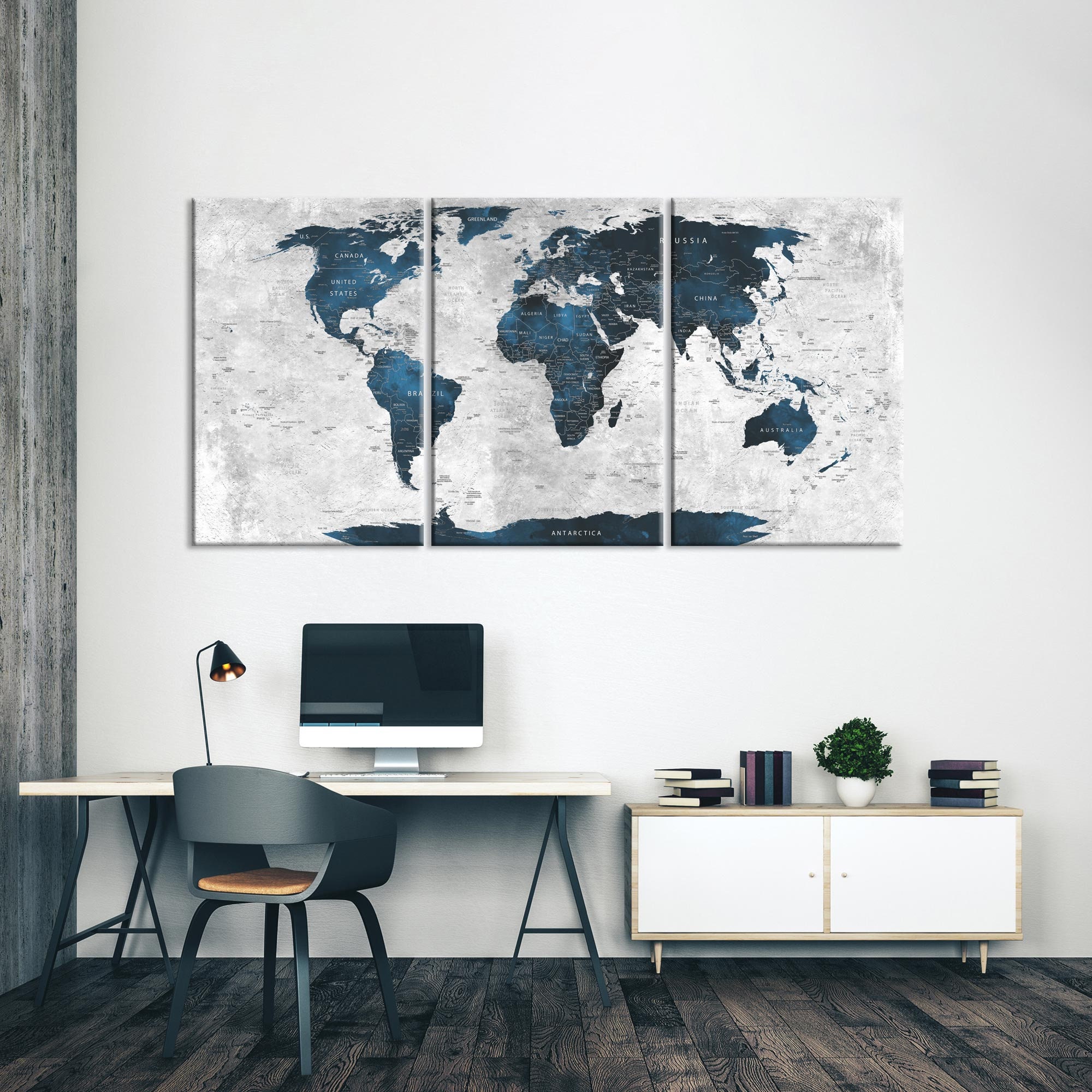 World Map Wall Art, Push Pin Travel Map, Canvas World Map in Blue Tones ...