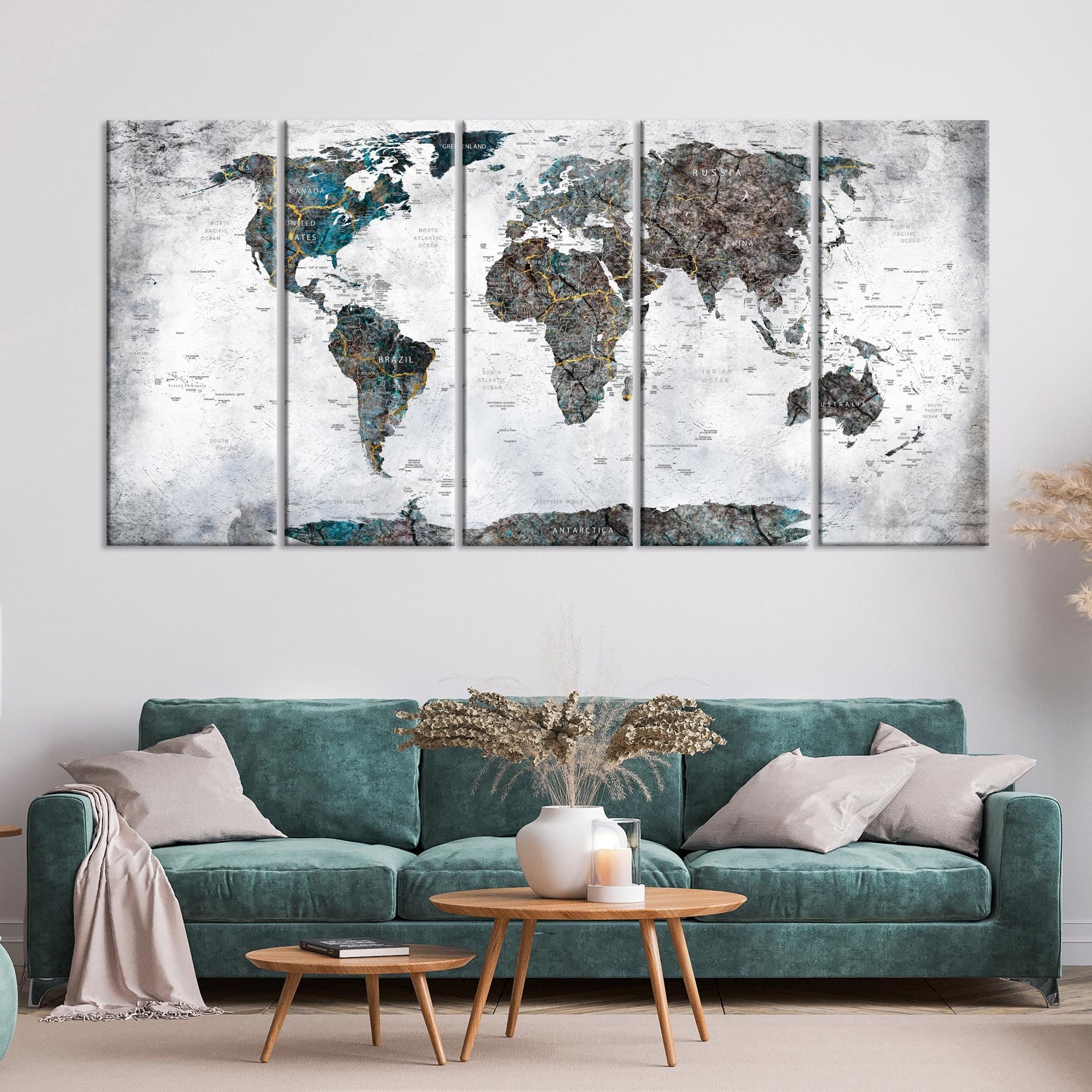 Large Multi-piece World Map With Rock Texture and Gold Detail on Canvas ...