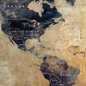 Dark Themed Large World Map on Canvas in Green, Brown, and Black Tones ...