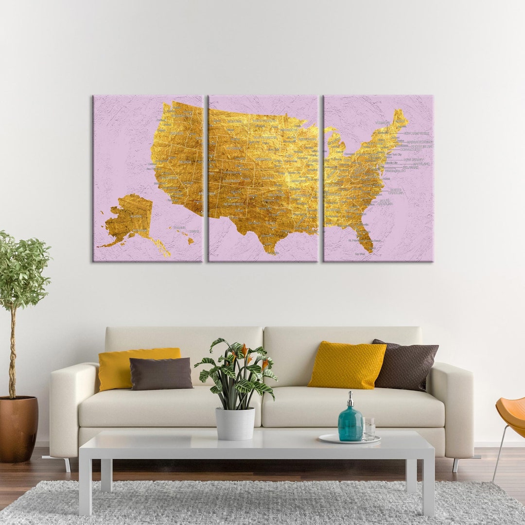 US Map Large Canvas Wall Art, Push Pin Travel Map in Gold and Pink , US ...
