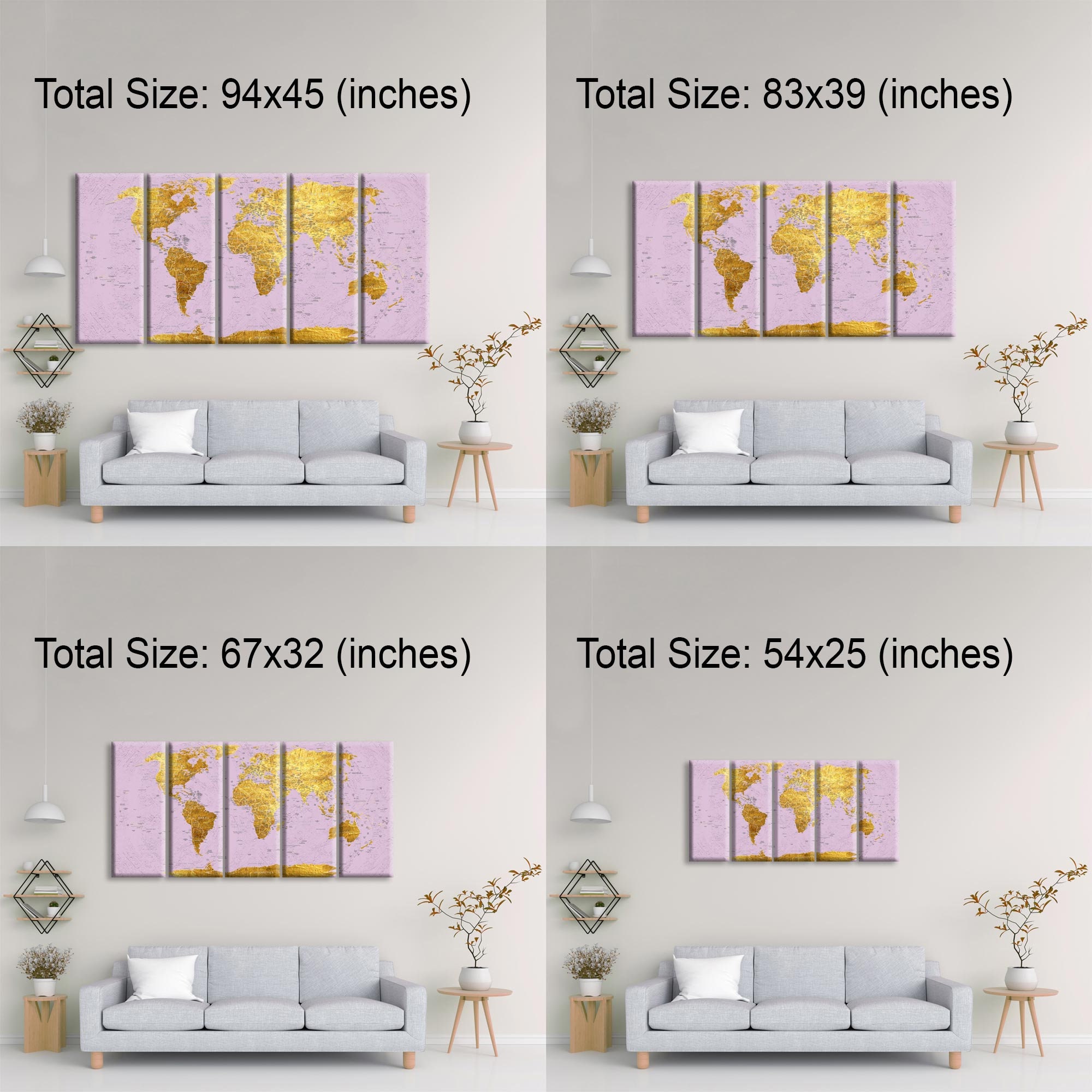 Large Canvas World Map in Pink With Gold Details Canvas Wall - Etsy