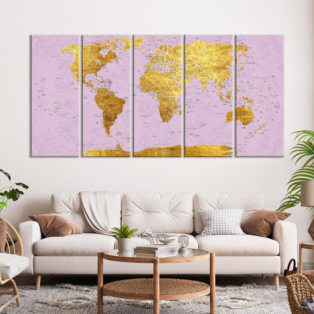 Large Canvas World Map in Pink With Gold Details Canvas Wall Art World ...