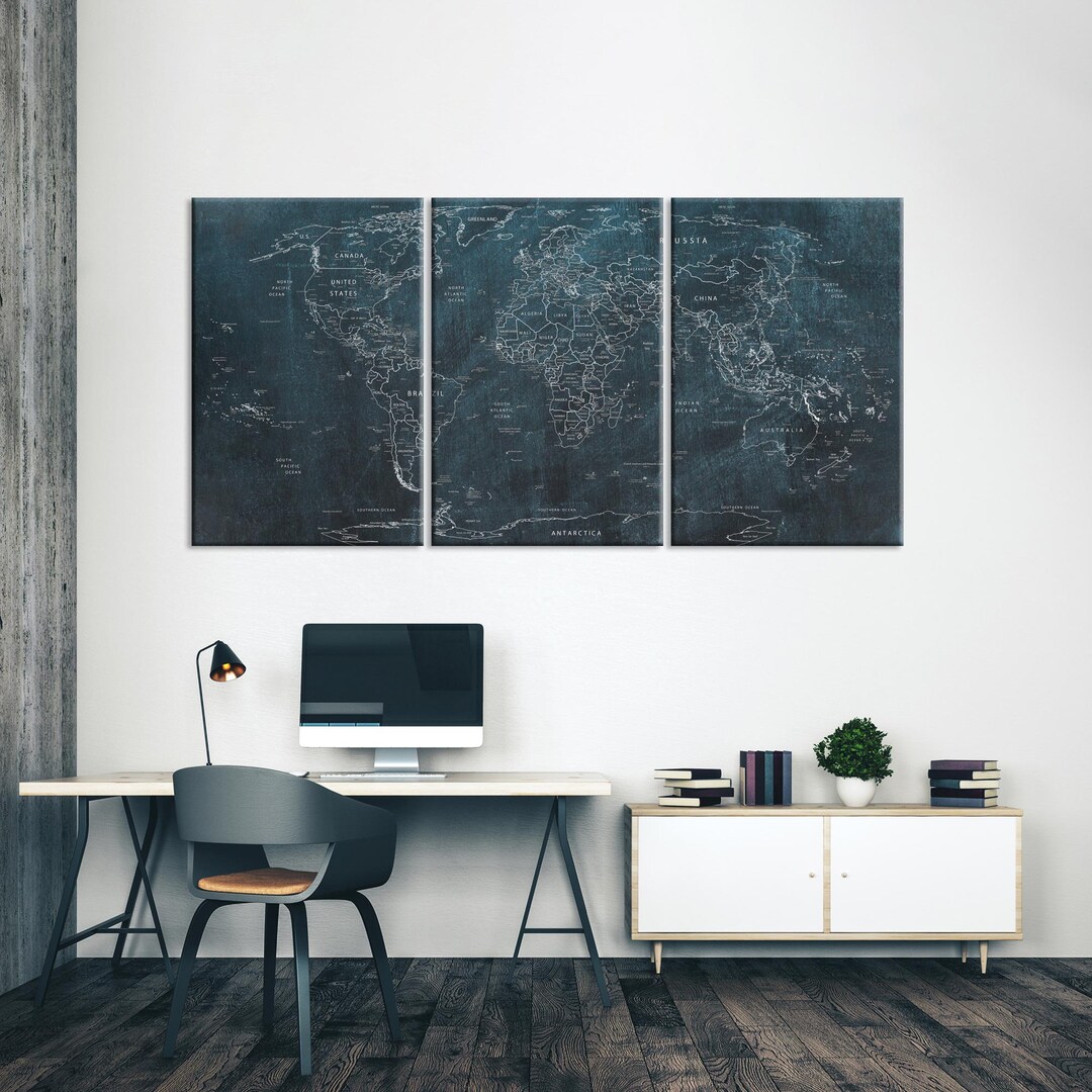 World Map Canvas Wall Art Blackboard Texture Large Canvas Map Push Pin ...