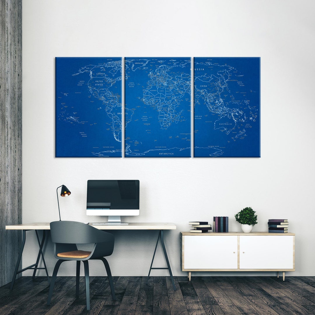 Large Canvas World Map Wall Art Blueprint Style Push Pin Travel Map ...