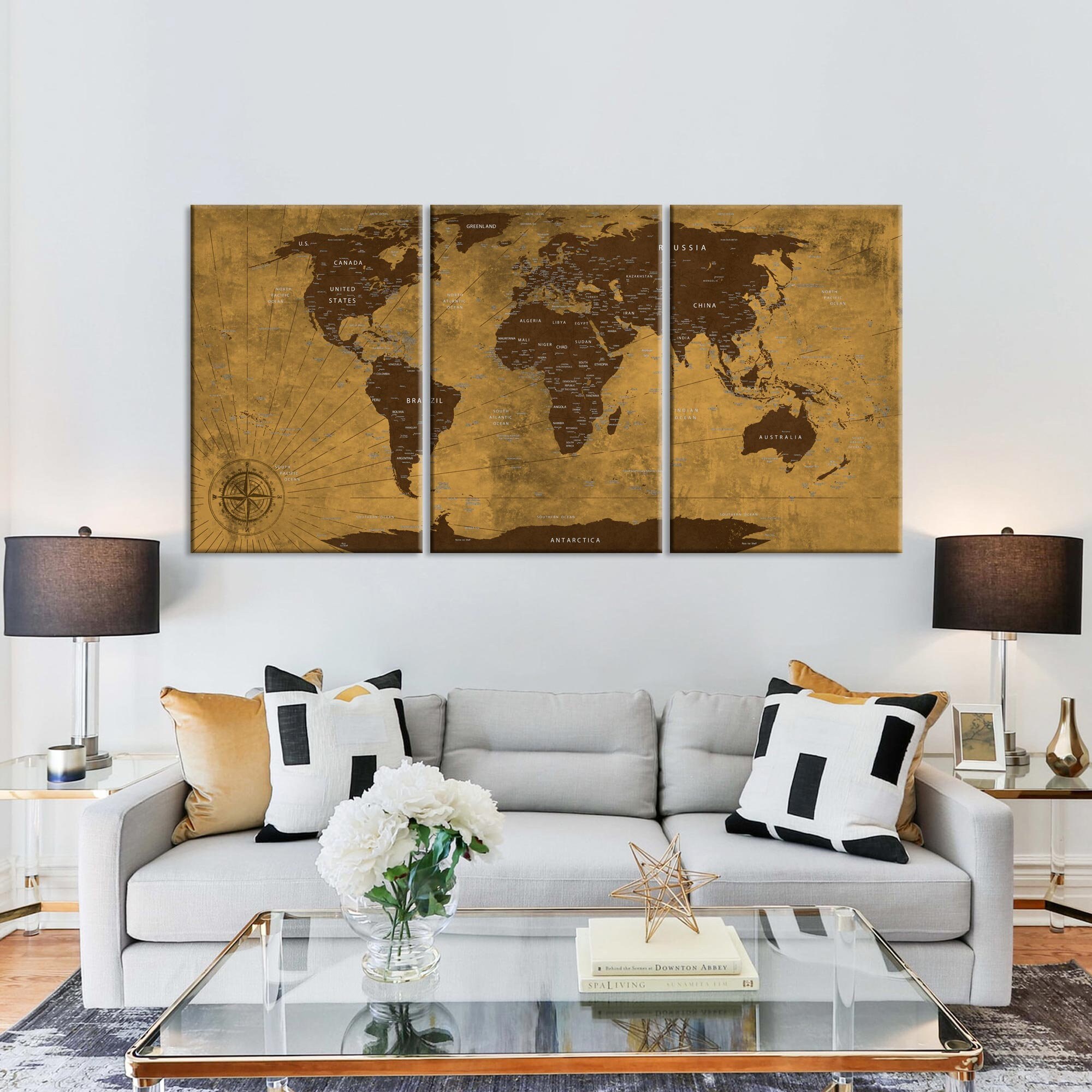 Large Canvas World Map Canvas Wall Art World Map Brown Push Pin Travel ...