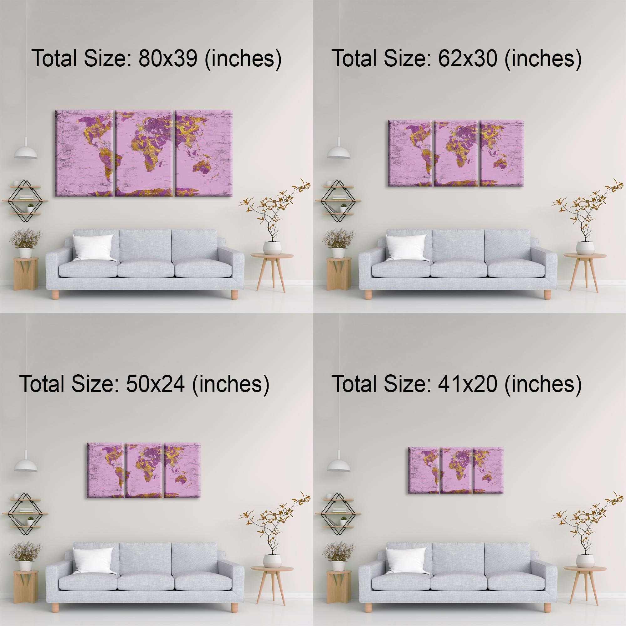 Large Canvas World Map in Pink and Gold Canvas Wall Art World Map Push ...