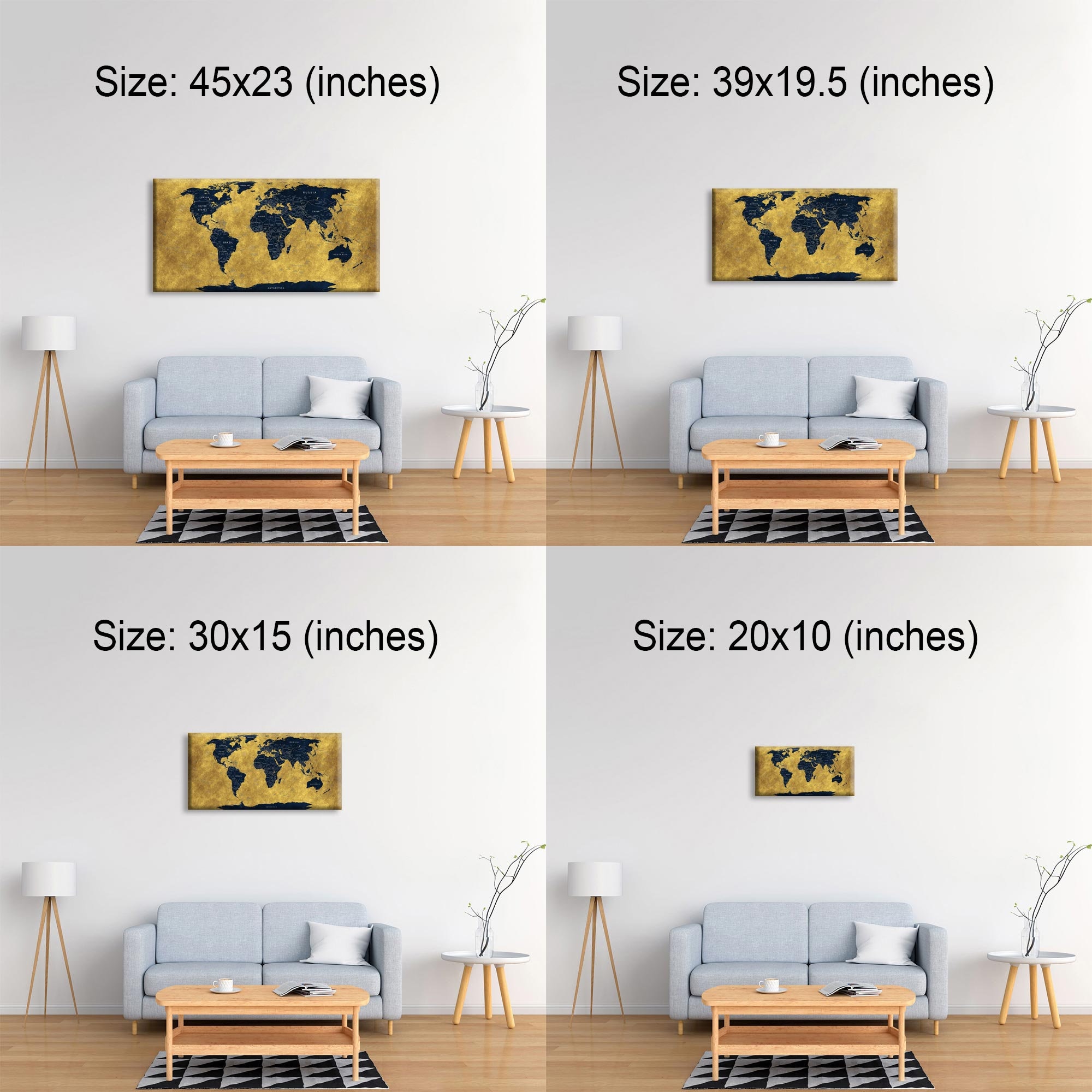 Large Canvas World Map in Yellow and Navy Blue Canvas Wall Art World ...