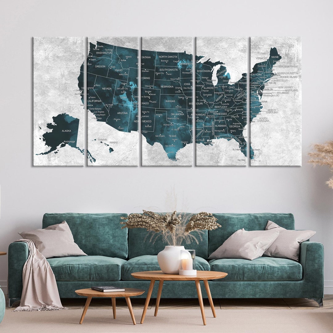 Large US Map on Canvas in Turquoise Tones US Map With Capitals and Big ...