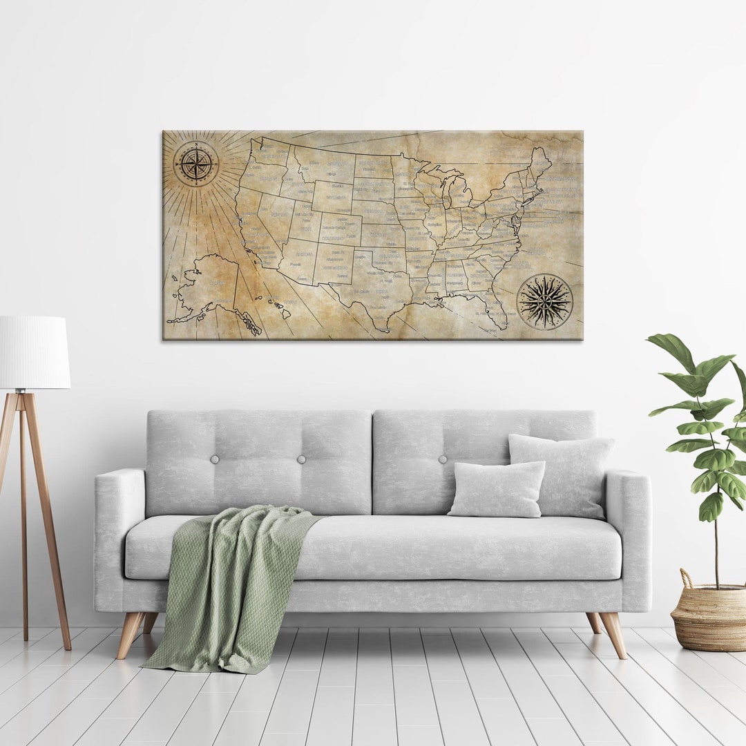 Large US Canvas Map, Push Pin Travel Map , Line Art US Map With ...